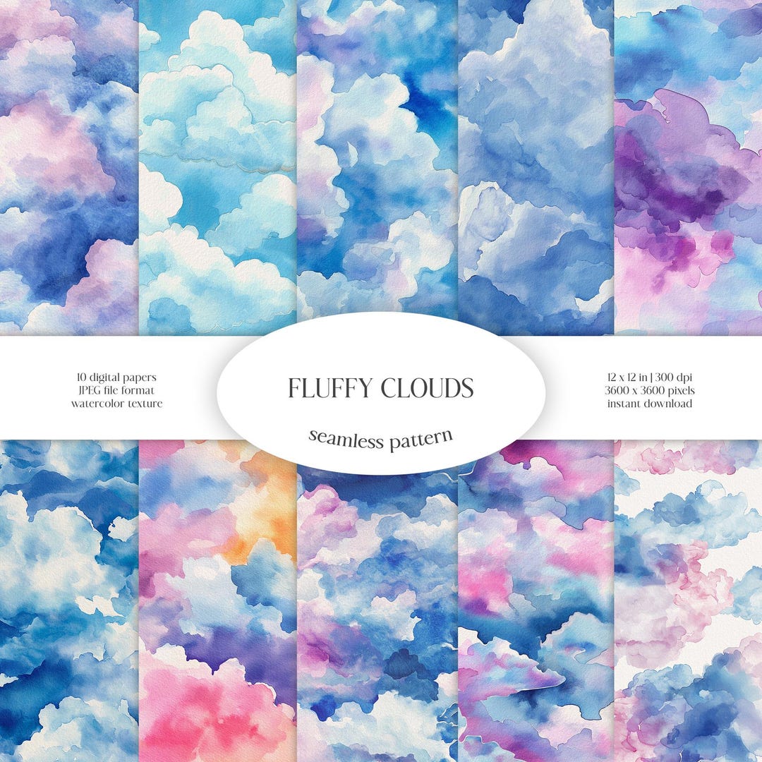 Fluffy Clouds Watercolor Seamless Pattern | Sky JPG Digital Paper Pack ...