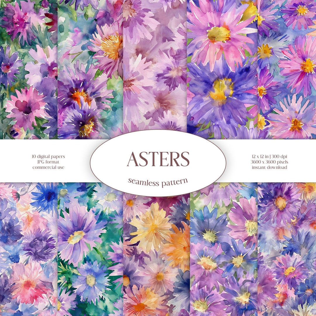 Asters Watercolor Seamless Pattern Floral & Greenery JPG Digital Paper Pack Background Texture ...