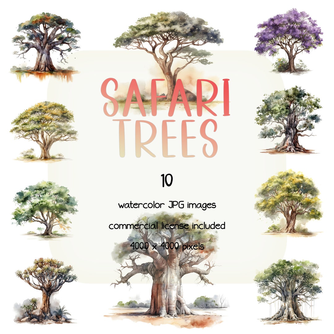 Safari Trees Watercolor Clipart Savanna Shrub JPG Set DIY - Etsy