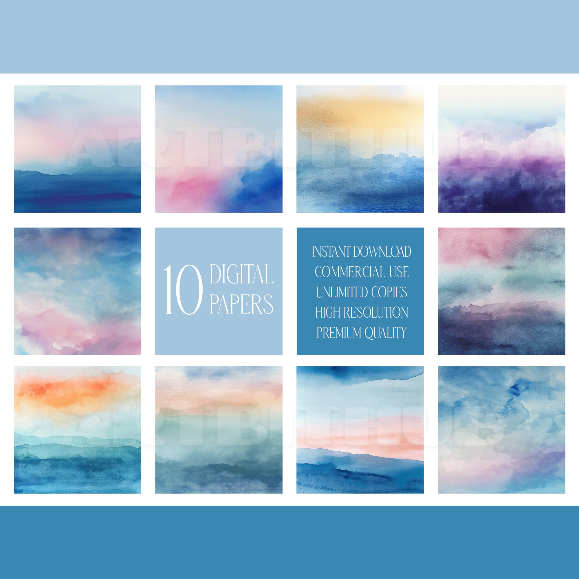 Sky Hues Watercolor Digital Paper Air & Wind Tones Abstract Background ...