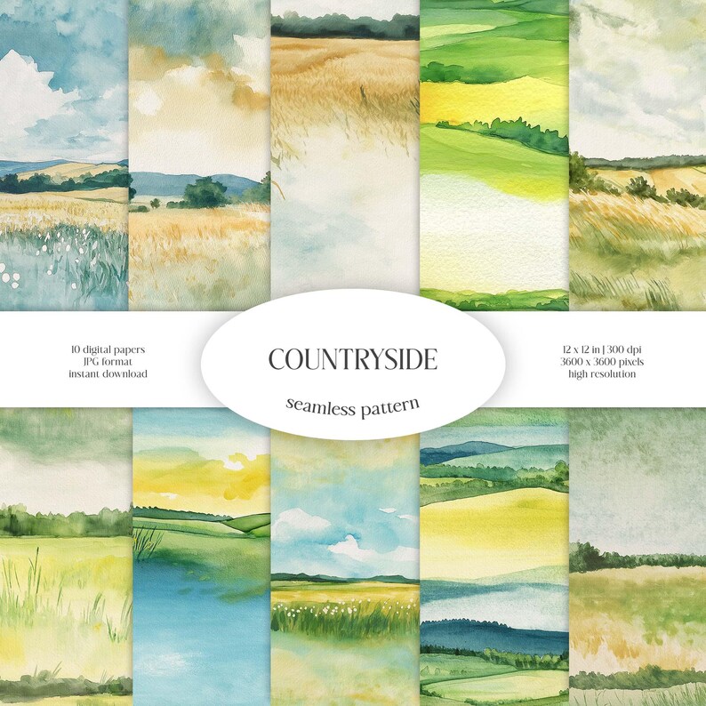 Countryside Watercolor Seamless Pattern Rural Scenery JPG Digital Paper ...