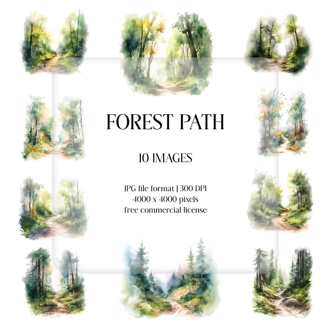 Forest Path Watercolor Clipart | Mountain Landscape JPG Set - Etsy