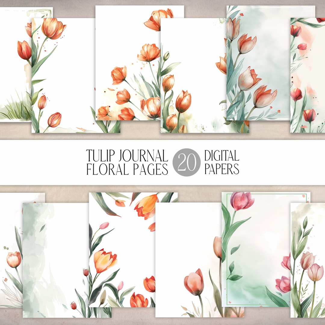 Tulip Journal Watercolor Floral Pages | Scrapbook Digital Paper Pack ...