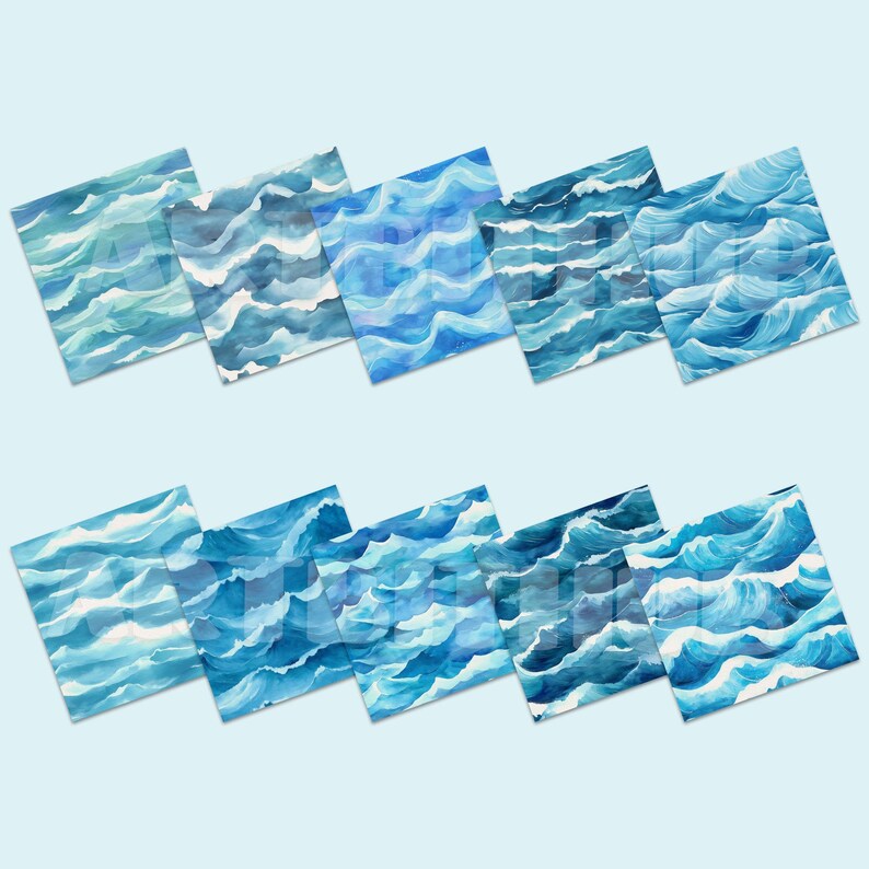 Tidal Waves Watercolor Seamless Pattern | Ocean JPG Digital Paper Pack ...