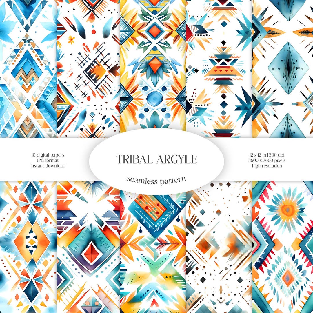 Tribal Argyle Watercolor Digital Paper Pack | Abstract Native Symbol ...