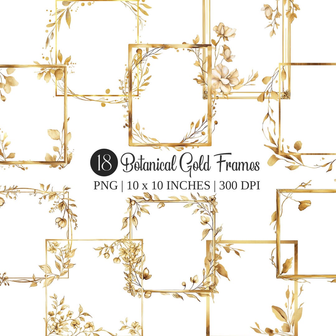 Watercolor Gold Frames Clipart | Botanical Leaf PNG Set (digital ...