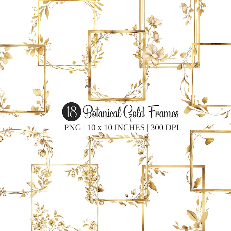 Botanical Gold Frames Watercolor Clipart | Golden Floral & Greenery ...