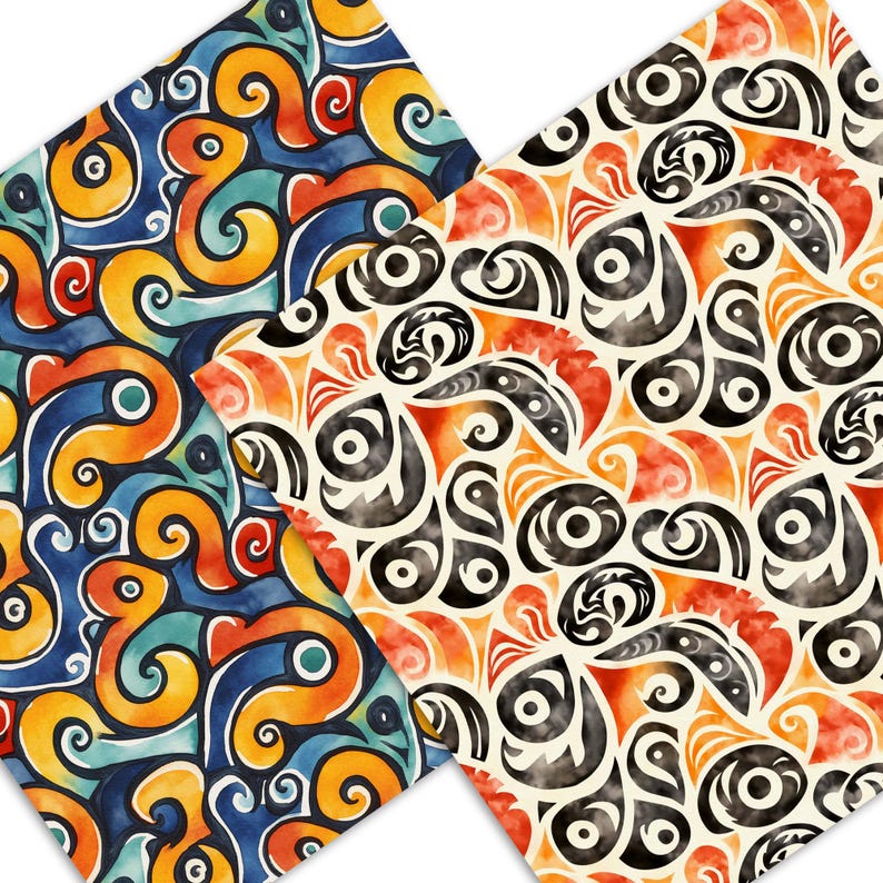 Maori Motifs Watercolor Seamless Pattern | Tribal Weave JPG Digital ...