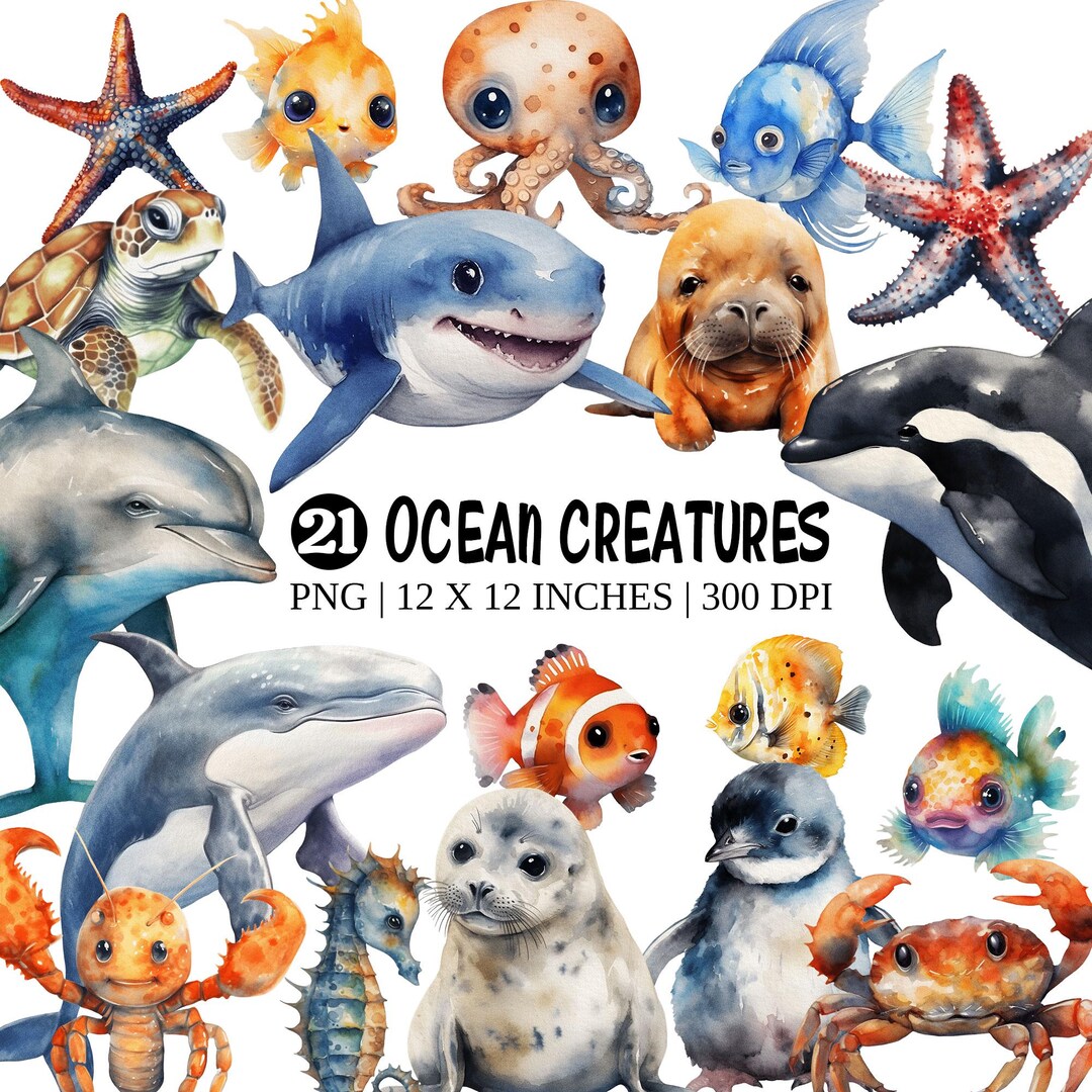 Watercolor Ocean Creatures Clipart | Marine Life PNG (digital Download ...