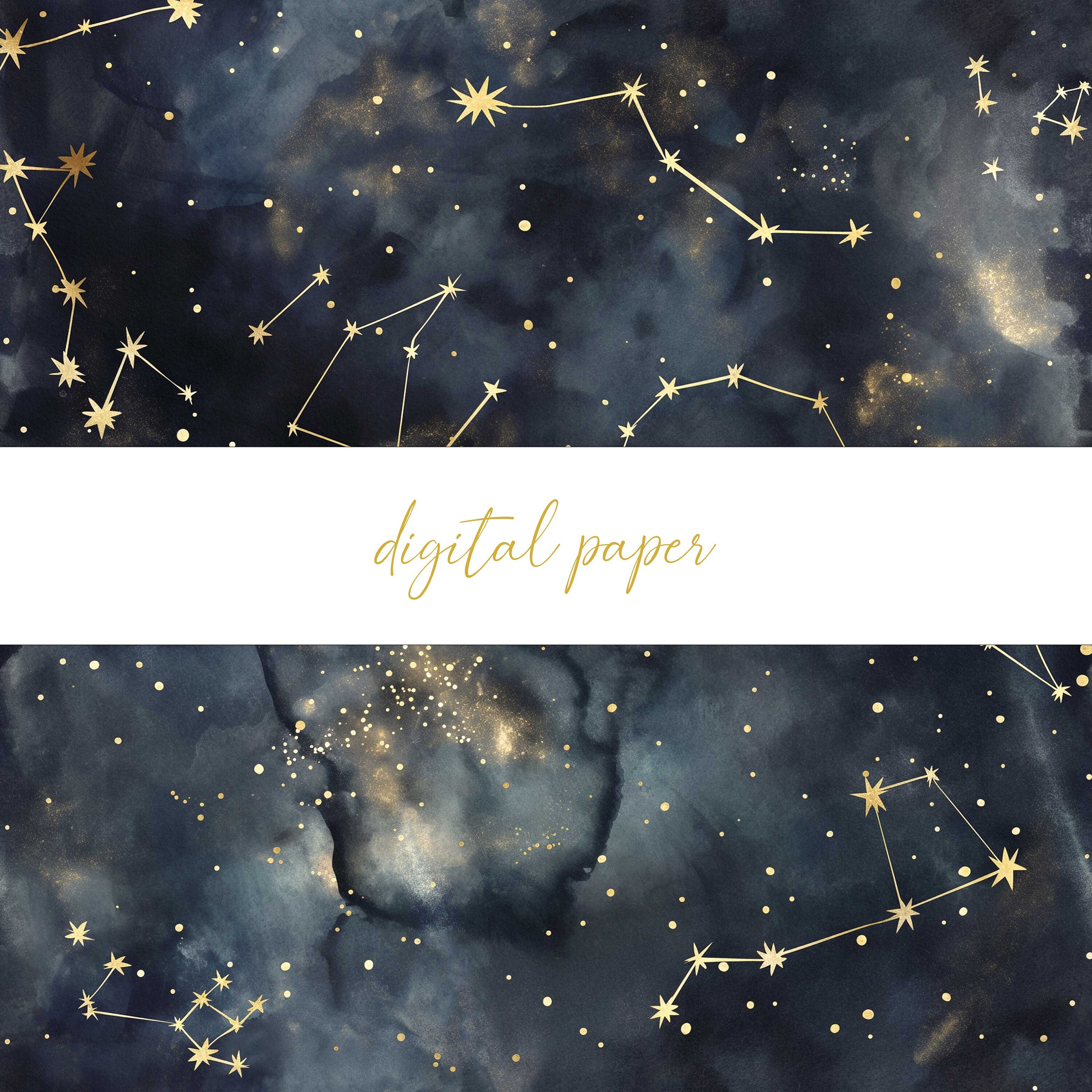 Constellations Watercolor Digital Paper Night Sky Gold Stars Abstract ...