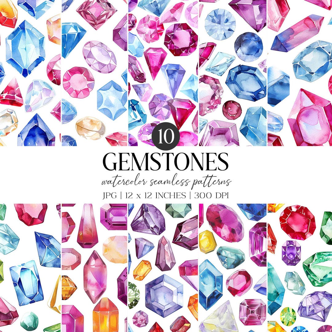 Watercolor Gemstone Seamless Patterns | Jewel Digital Paper (digital ...