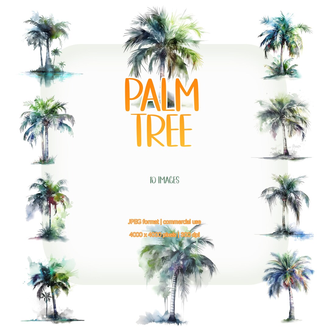 Palm Tree Watercolor Clipart | Tropical Shrub JPG Set | Stationery ...
