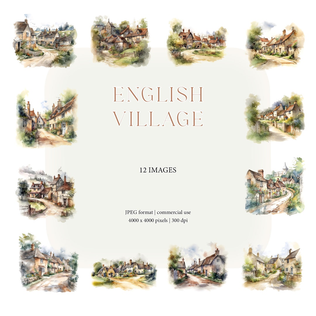 English Village Watercolor Clipart | Rural Cottage Scenery JPG Set ...