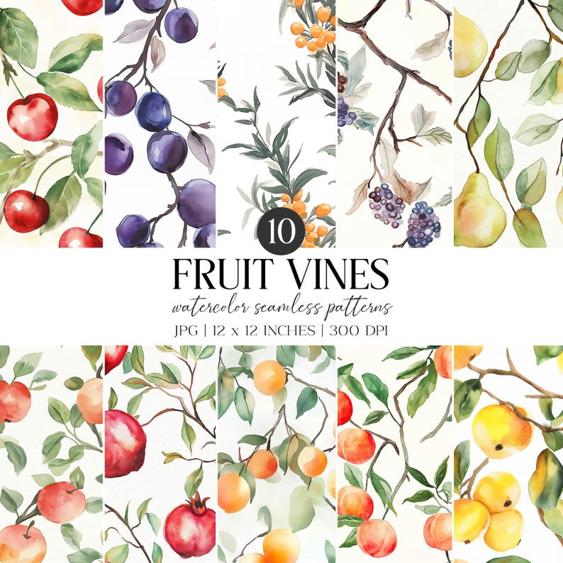 Fruitful Vines Seamless Pattern | Orchard Harvest JPG Digital Paper ...