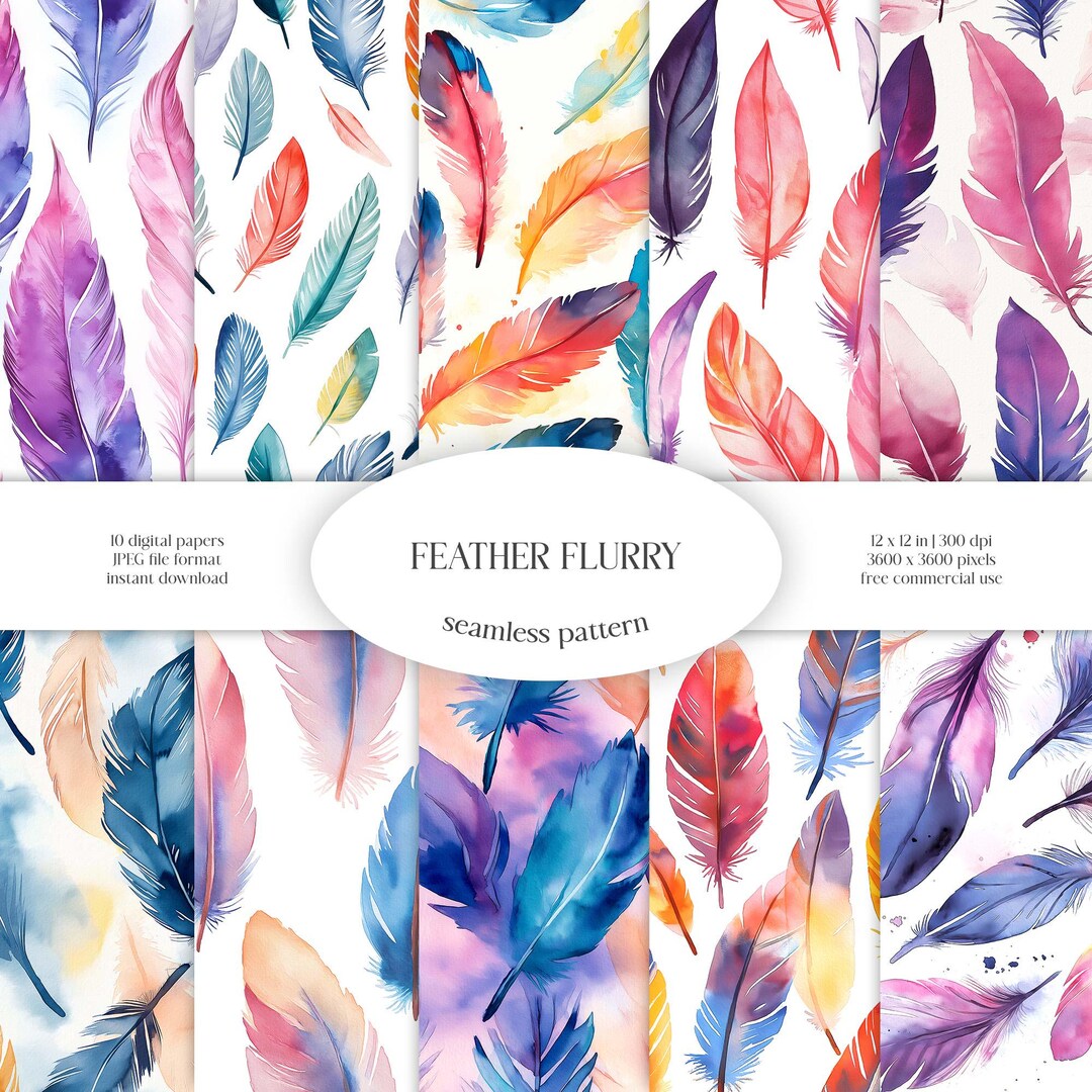 Feather Flurry Watercolor Seamless Pattern | Soft Plumes JPG Digital Paper Pack | Airy Quill ...