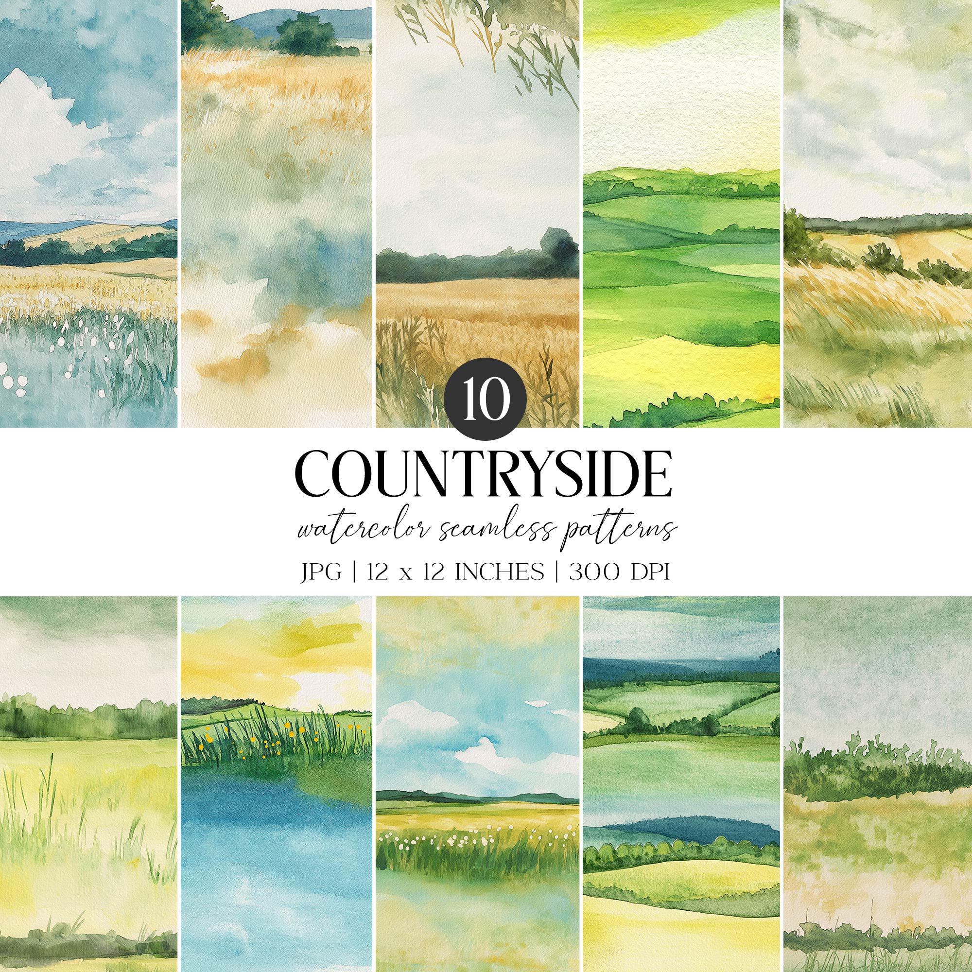 Countryside Watercolor Seamless Pattern | Rural Scenery JPG Digital ...