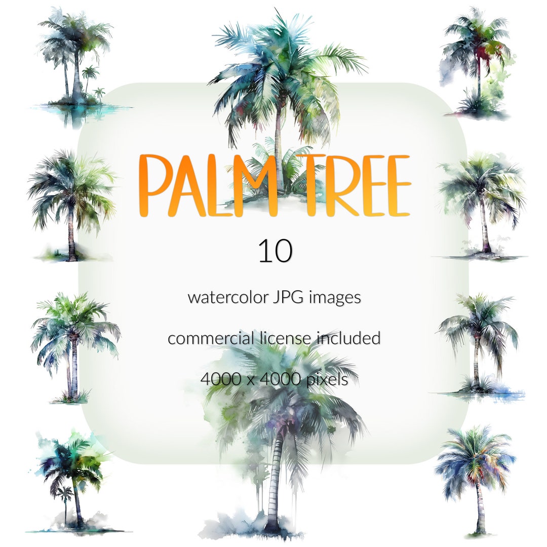 Palm Tree Watercolor Clipart Tropical Shrub JPG Set - Etsy