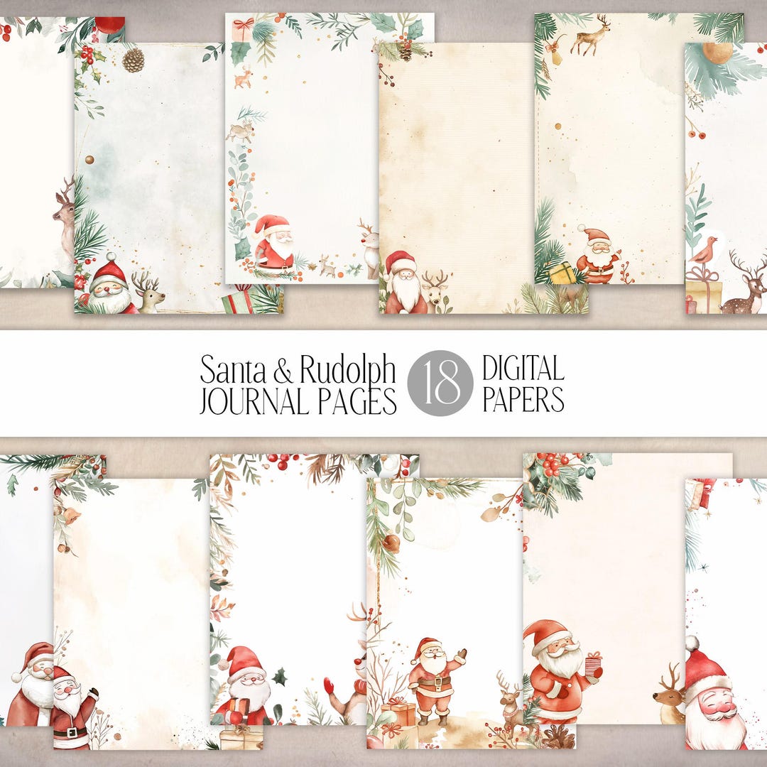 Santa & Rudolph Watercolor Journal Pages | Winter Greenery JPG Digital ...