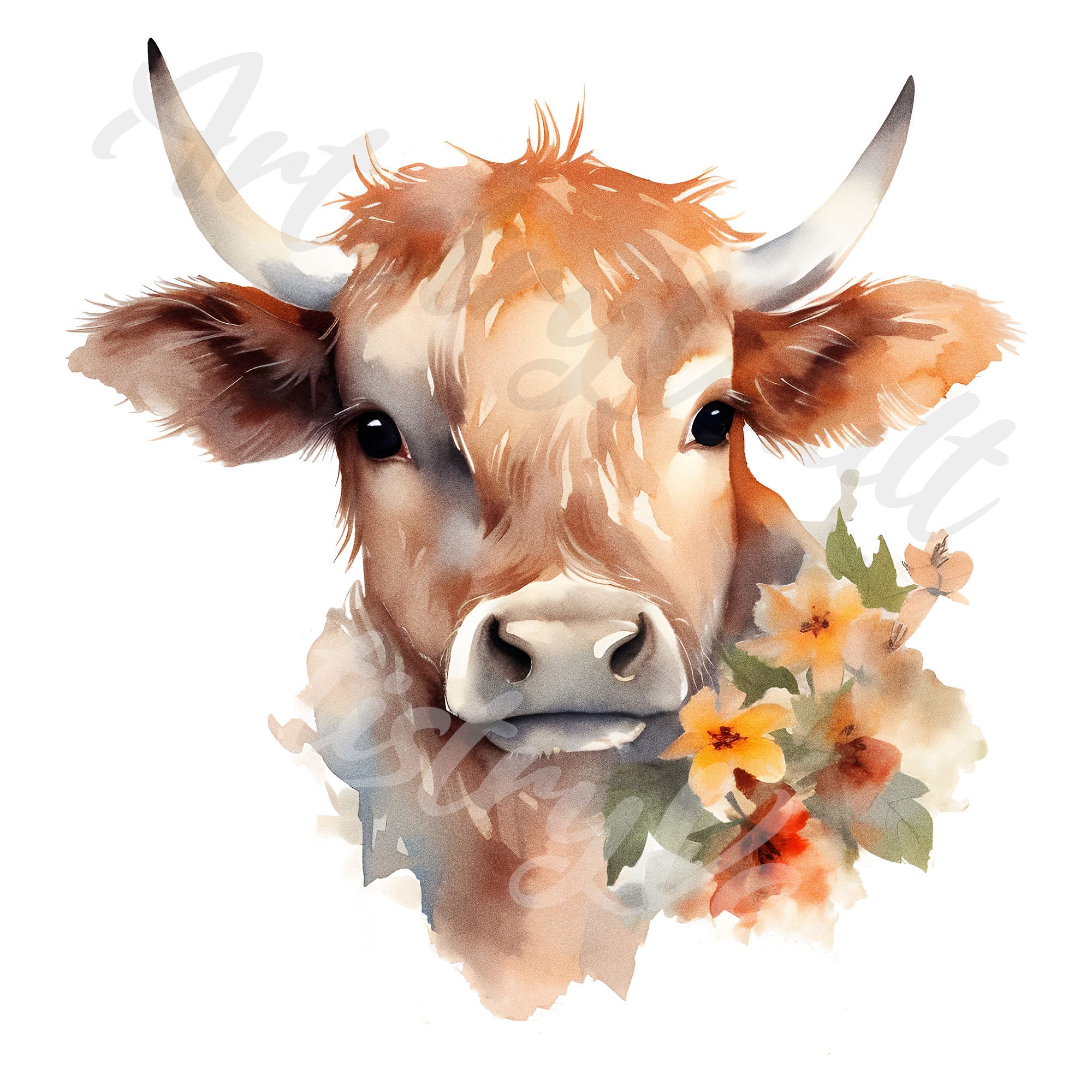Highland Calf Watercolor Clipart Baby Cow & Flowers JPEG - Etsy