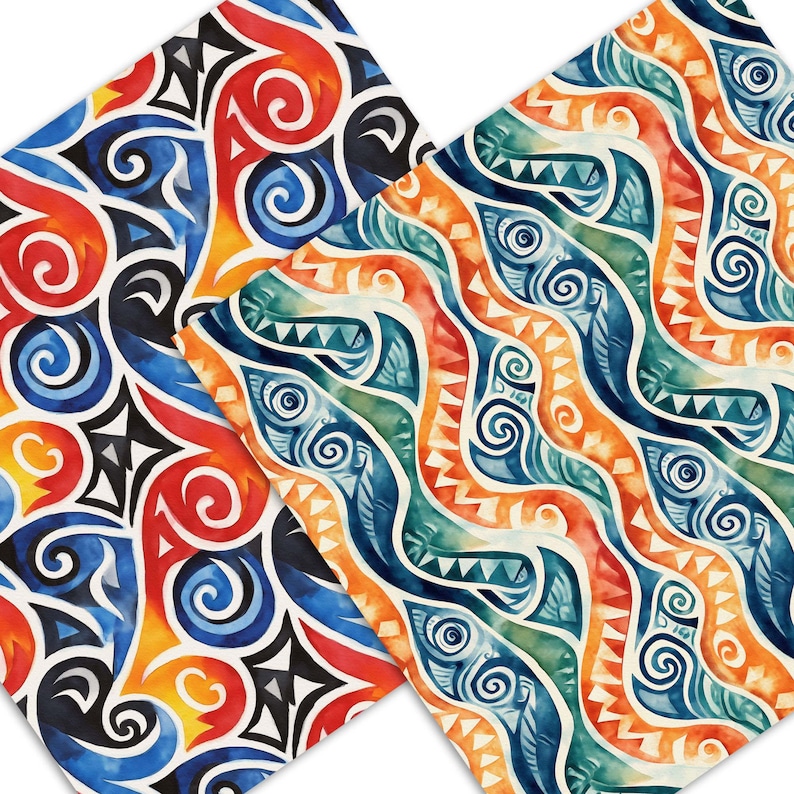 Maori Motifs Watercolor Seamless Pattern | Tribal Weave JPG Digital ...