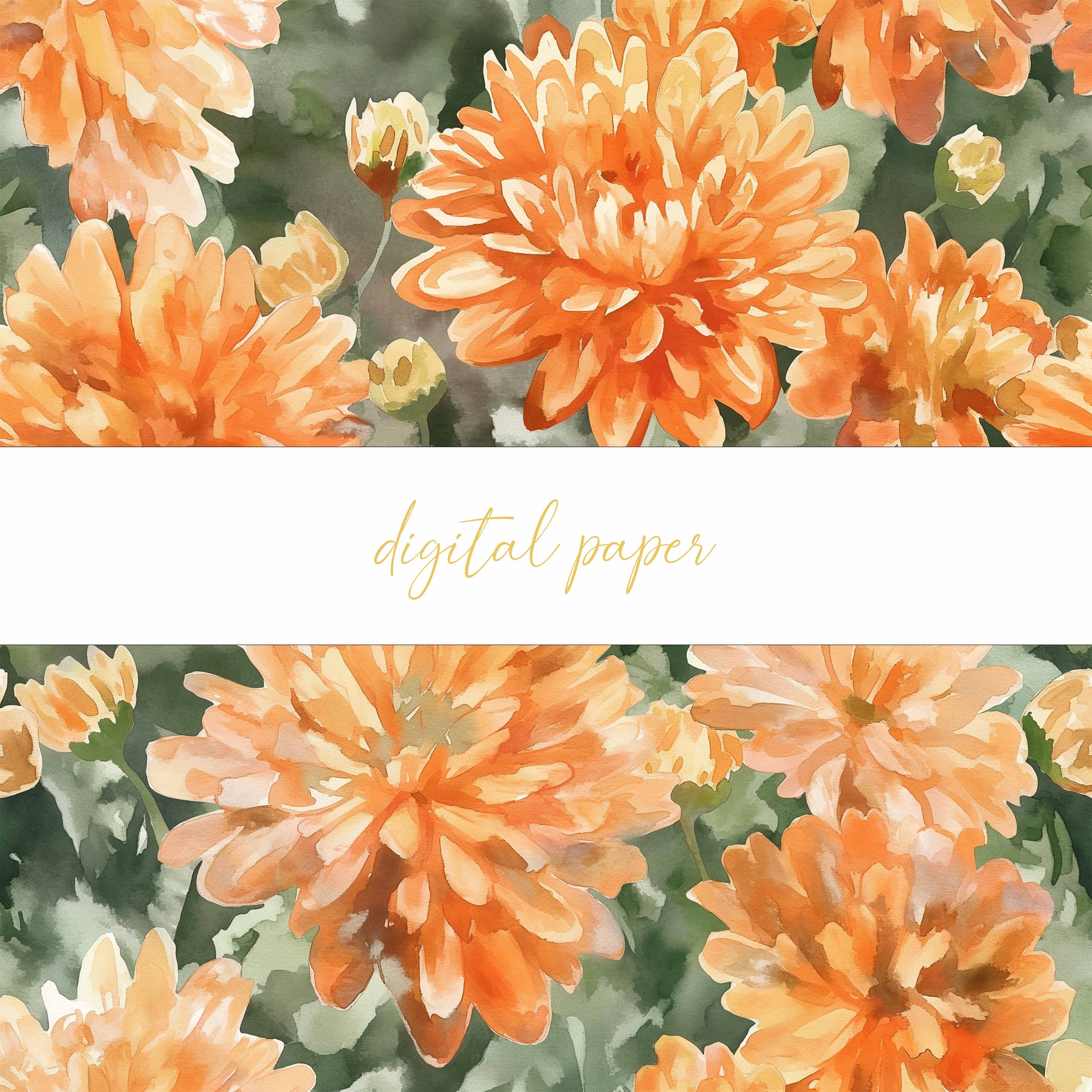 Autumn Flowers Watercolor Digital Paper | Chrysanthemum Marigold Crocus ...