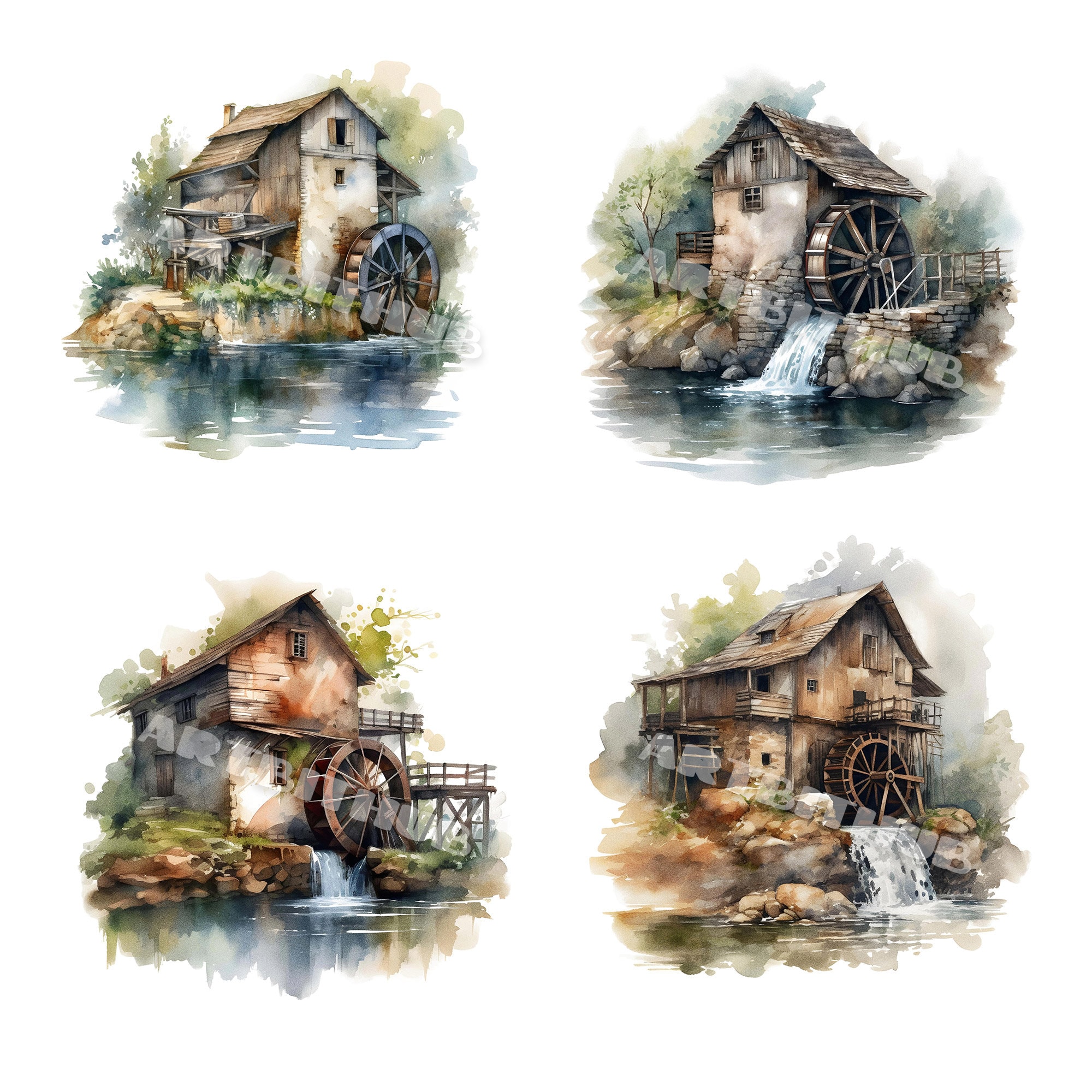 Watermill Clipart | Creek Mill Watercolor JPG Set | Stationery, Wall ...