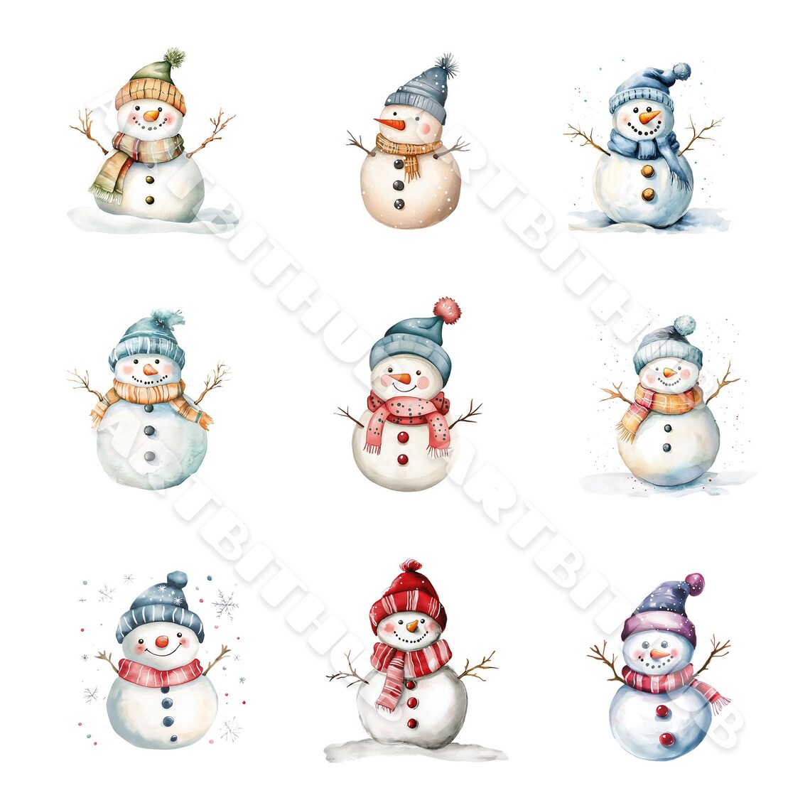 Snowman Watercolor Clipart | Winter Snowball Man PNG Set | Snow Figure ...