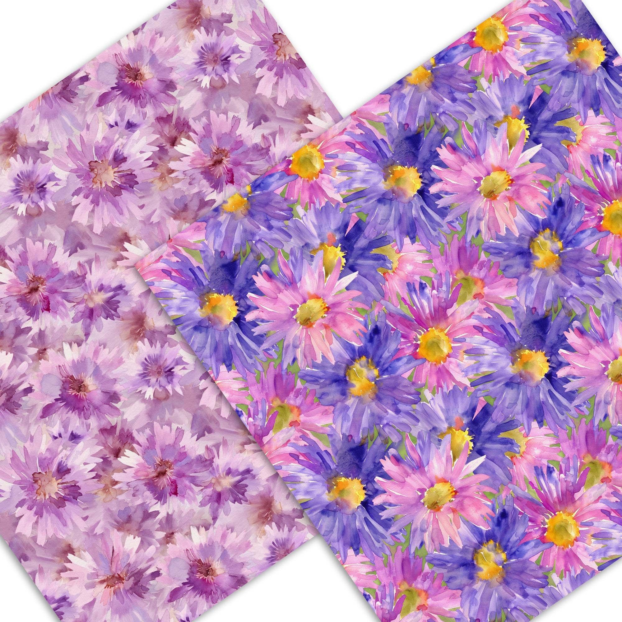 Asters Watercolor Seamless Pattern Floral & Greenery JPG Digital Paper Pack Background Texture ...