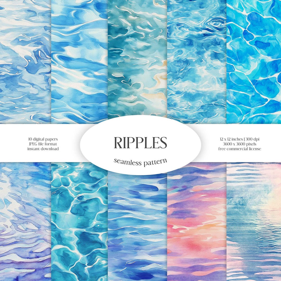 Ripples Watercolor Seamless Pattern | Water Swirls & Waves JPG Digital ...