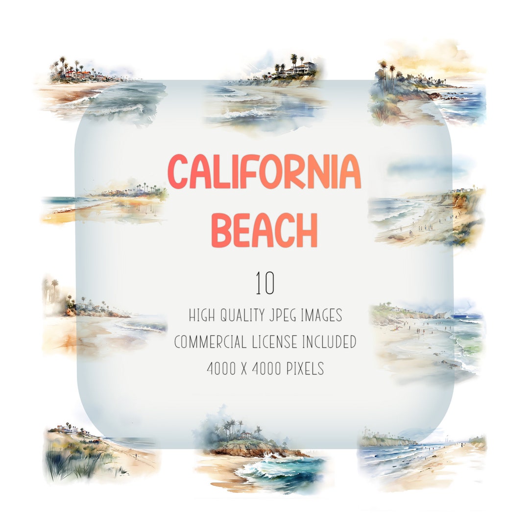 California Beach Watercolor Clipart Coastal Paradise JPG - Etsy