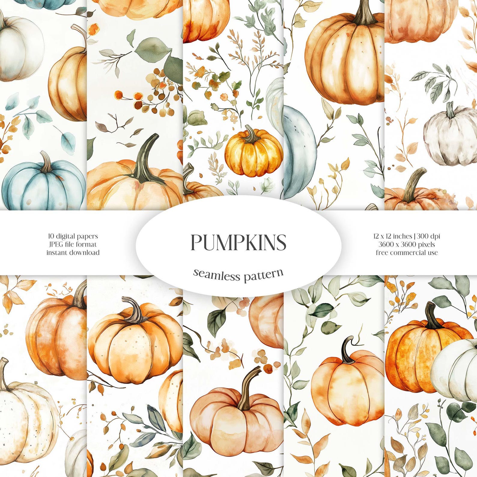 Pumpkins Watercolor Seamless Pattern | Autumn Holiday JPG Digital Paper ...