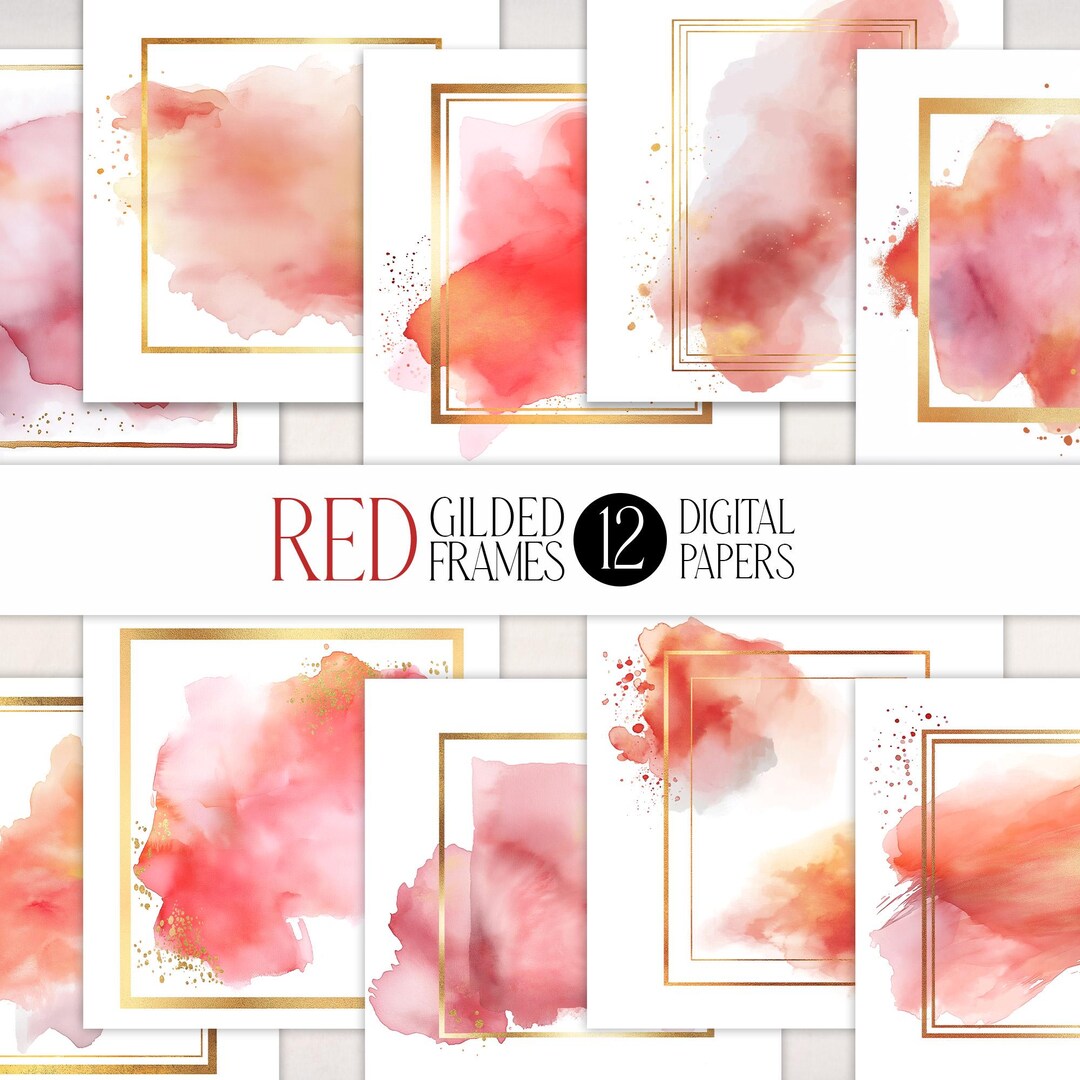 Red Watercolor Clipart | Gilded Frames, Abstract Digital Paper (JPG) - Etsy