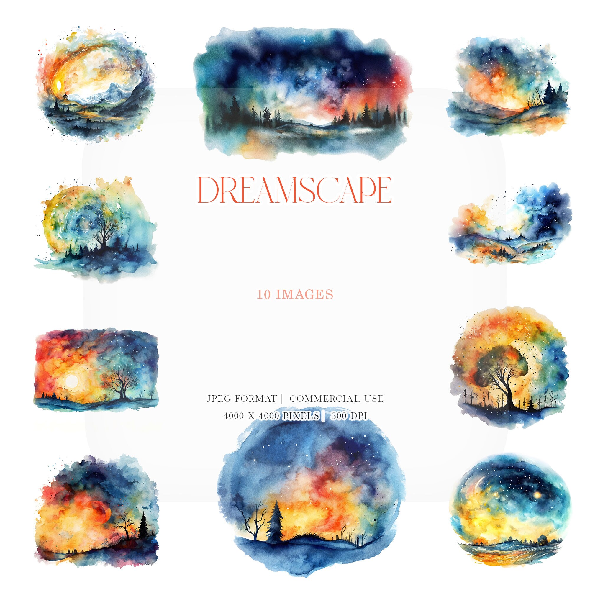 Dreamscape Watercolor Clipart Magical Realm JPG Set Stationery, Digital ...