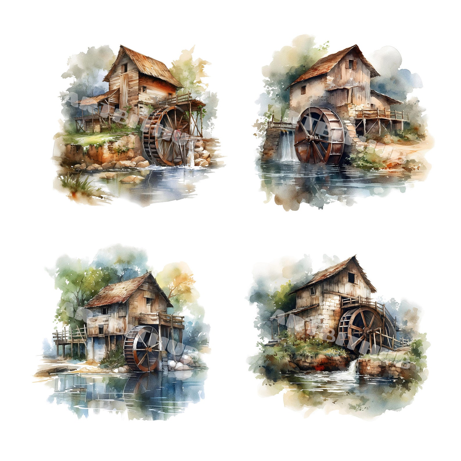 Watermill Clipart | Creek Mill Watercolor JPG Set | Stationery, Wall ...