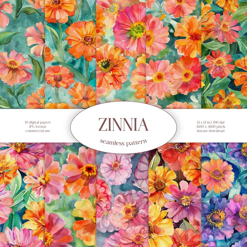 Zinnia Watercolor Seamless Pattern | Floral & Greenery JPG Digital ...