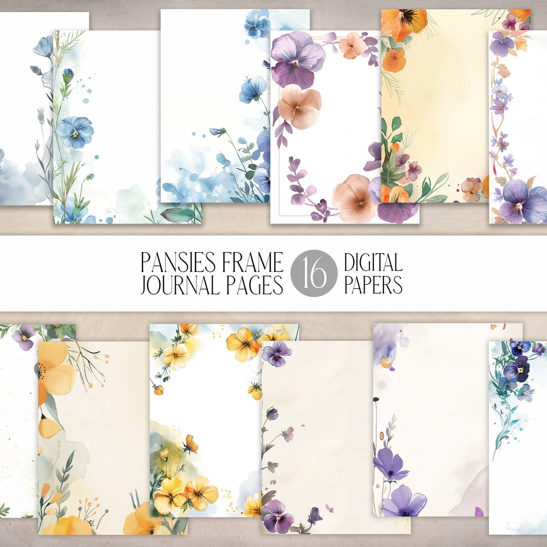 Pansies Frame Watercolor Journal Pages Flower & Greenery JPG Digital ...