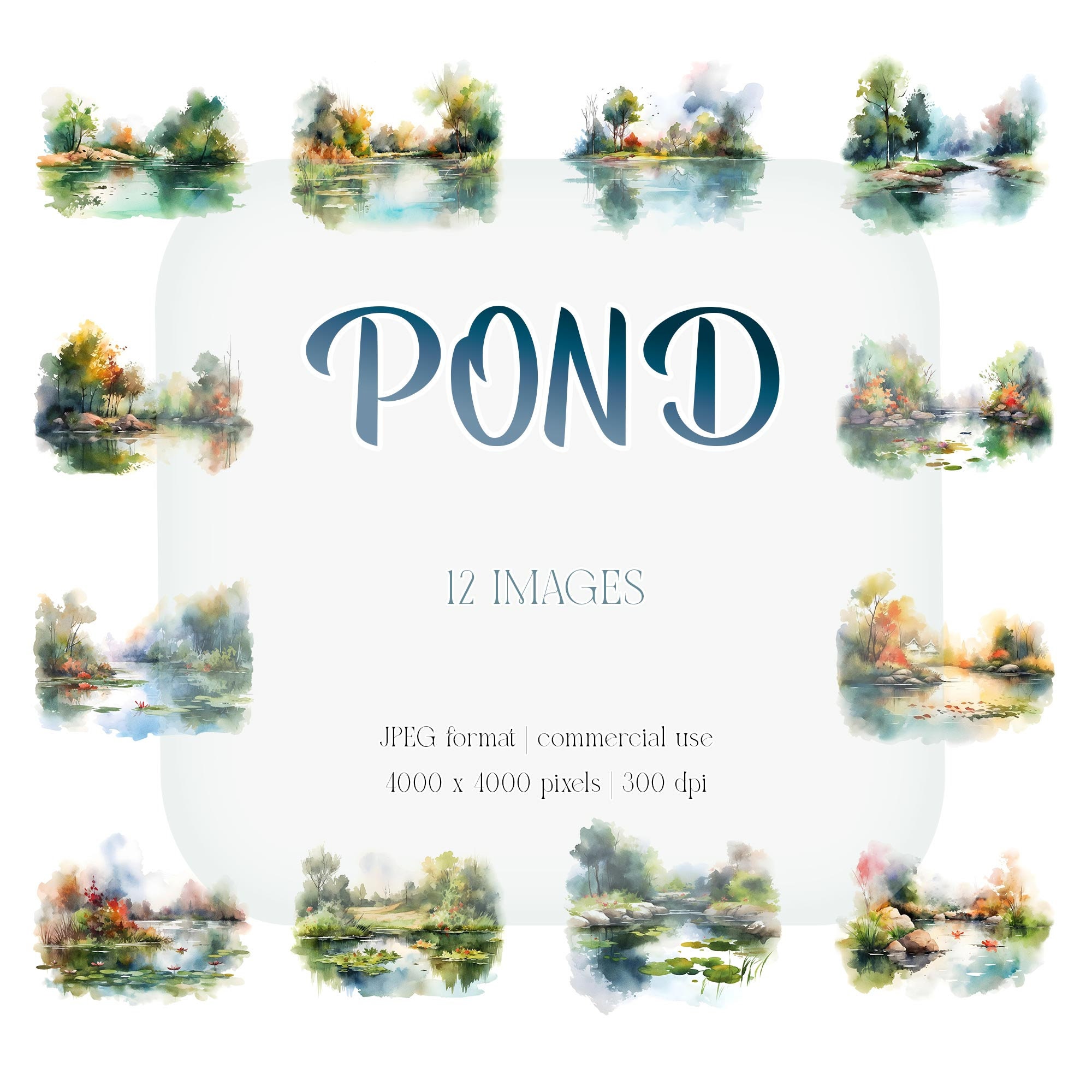 Pond Scenery Watercolor Clipart | Forest Lake JPG Set | Stationery ...