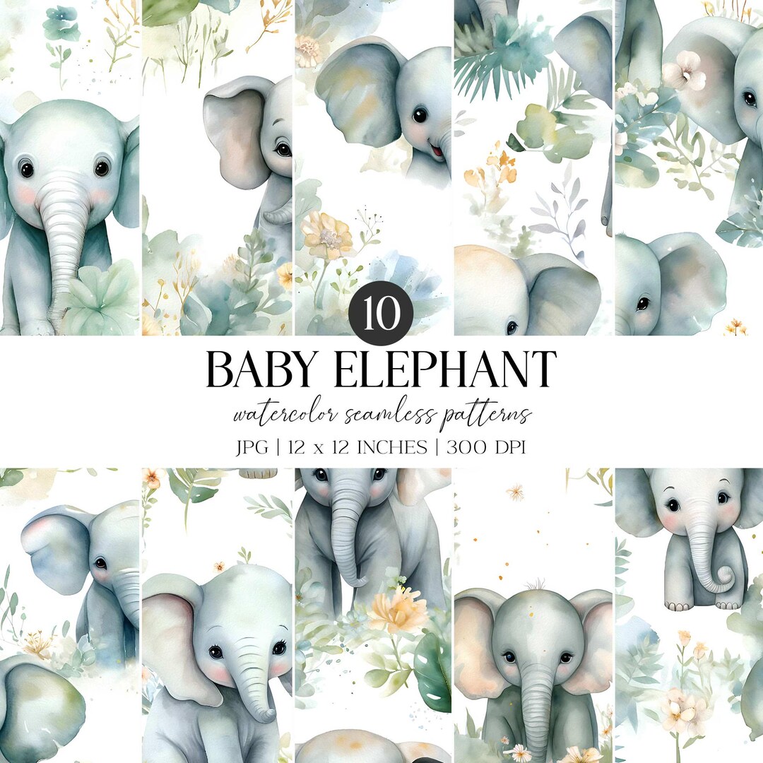 Baby Elephant Watercolor Digital Paper Pack | Safari Animal Seamless ...