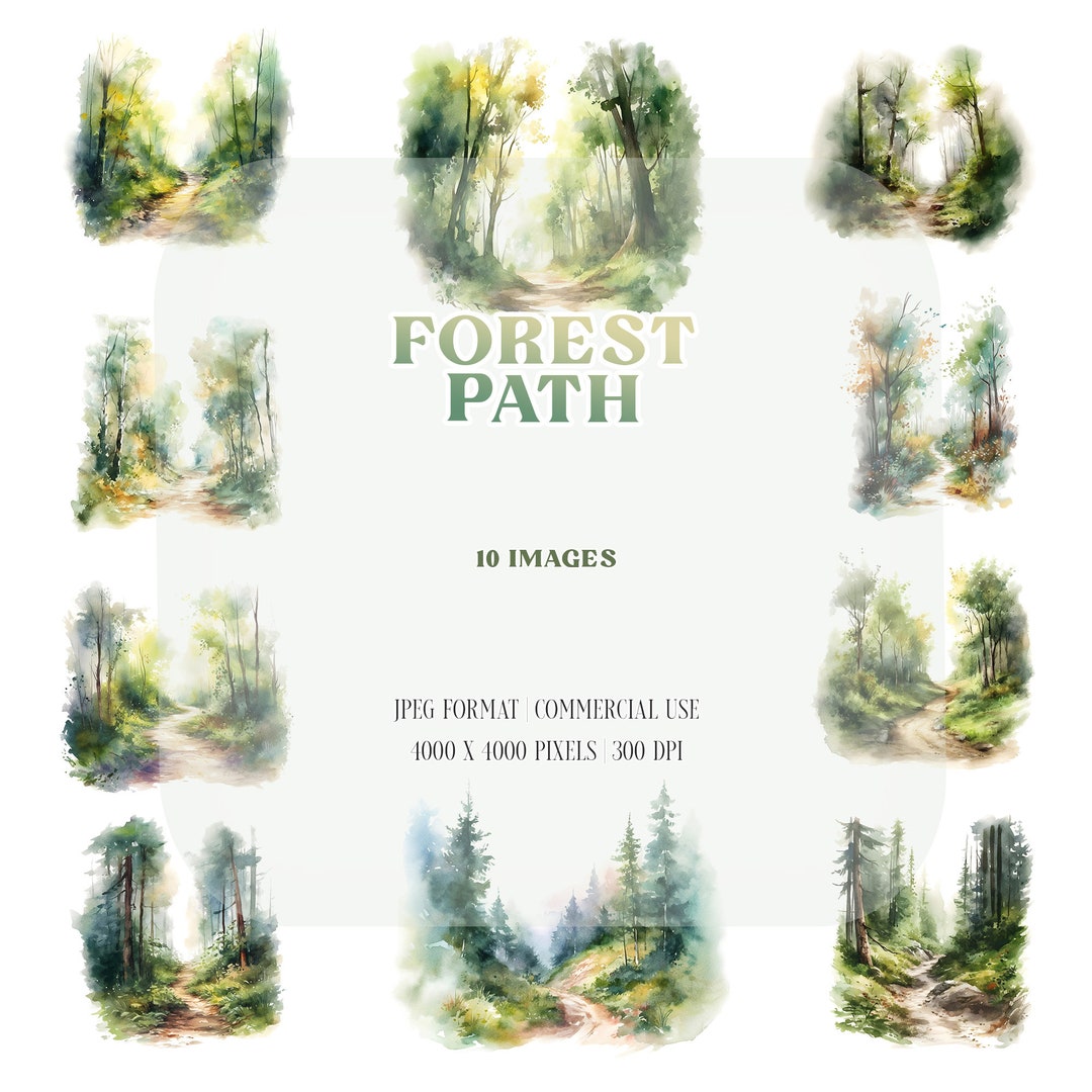 Forest Path Watercolor Clipart | Mountain Hike JPG Set | Stationery ...