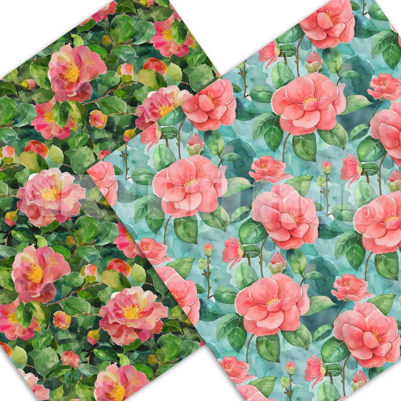 Camellia Watercolor Seamless Pattern | Floral & Greenery JPG Digital ...