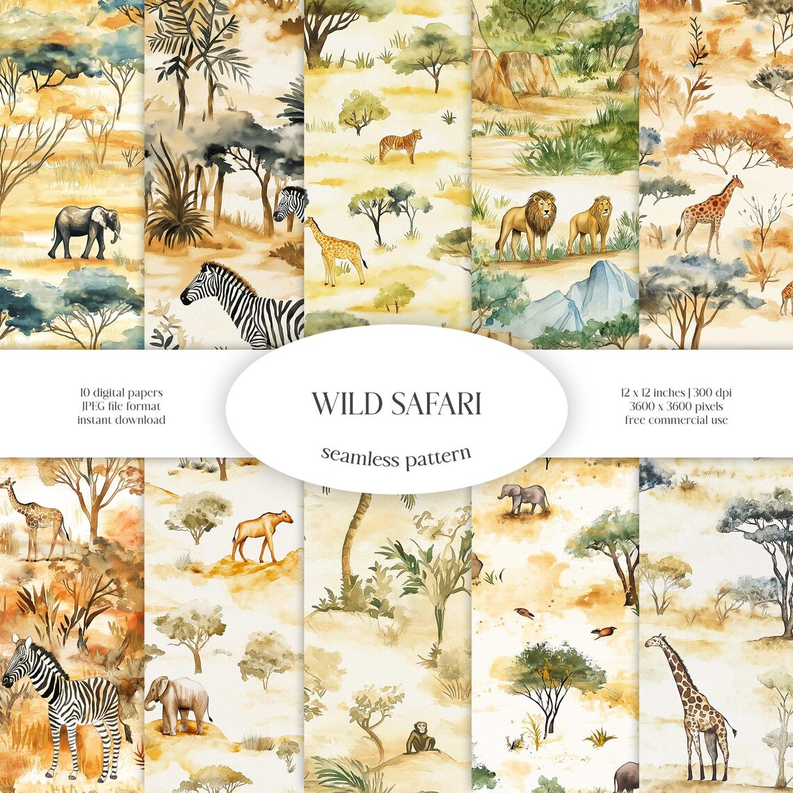 Wild Safari Seamless Pattern | Savannah Creatures JPG Digital Paper Pack | African Wildlife ...
