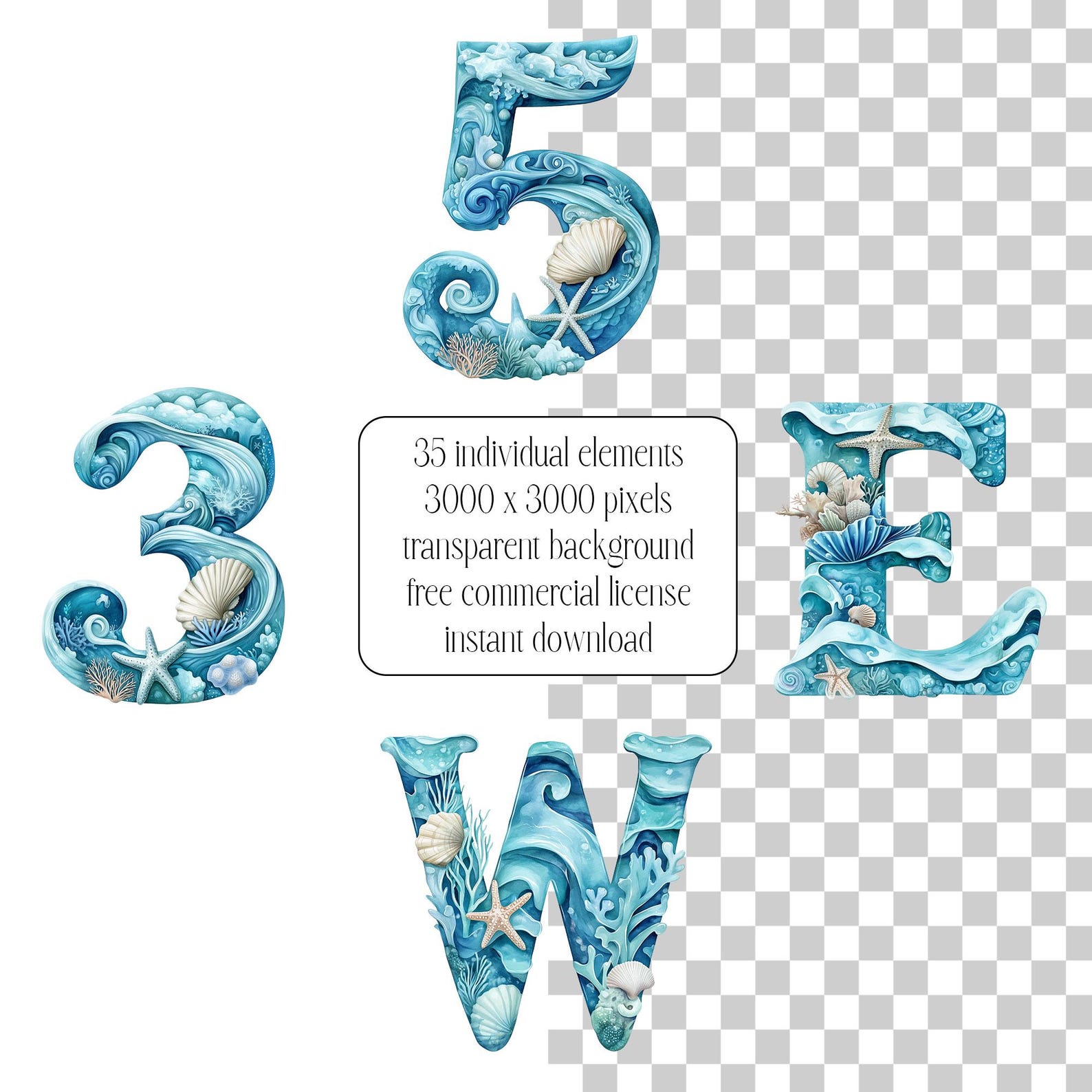Watercolor Aquatica Alphabet Clip Art | Ocean Letters PNG (digital ...