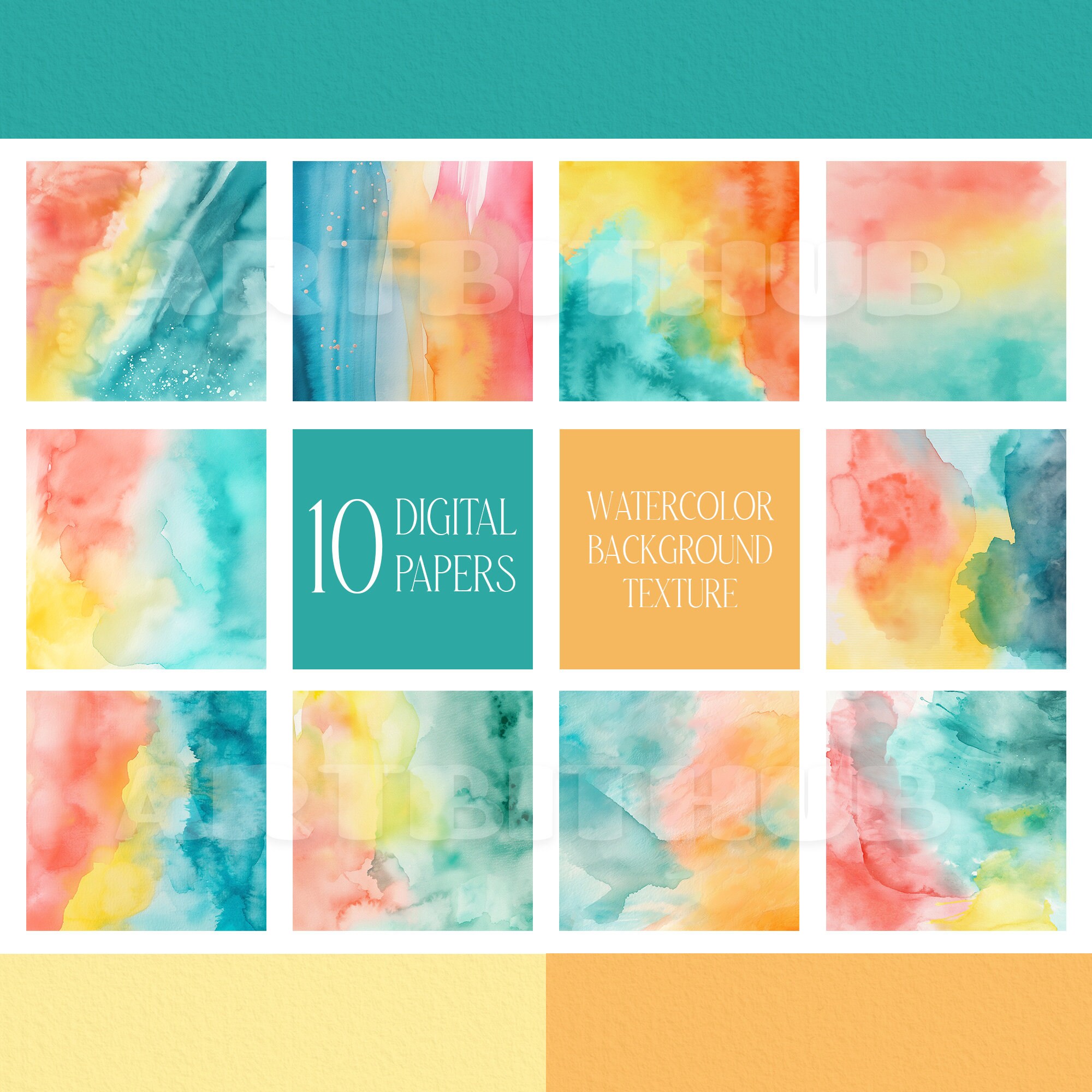 Turquoise Coral & Lemon Yellow Watercolor Texture Blue Green Orange ...