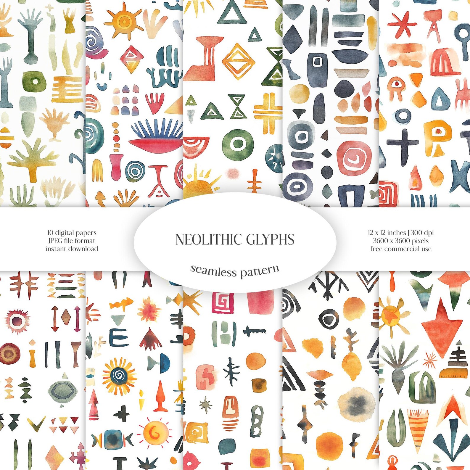 Neolithic Glyphs Watercolor Seamless Pattern | Mystic Symbols JPG ...