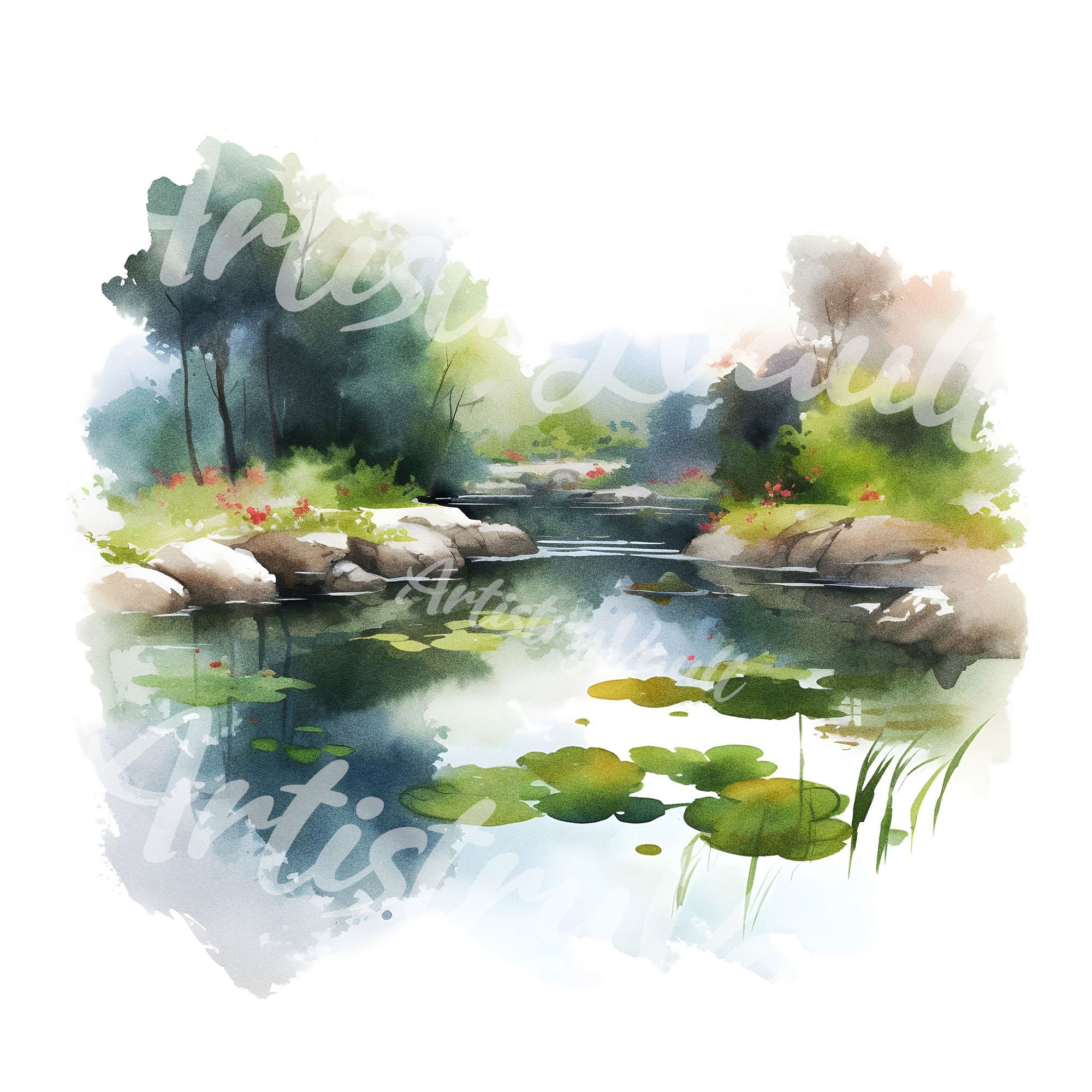Pond Scenery Watercolor Clipart Forest Lake JPG Set - Etsy