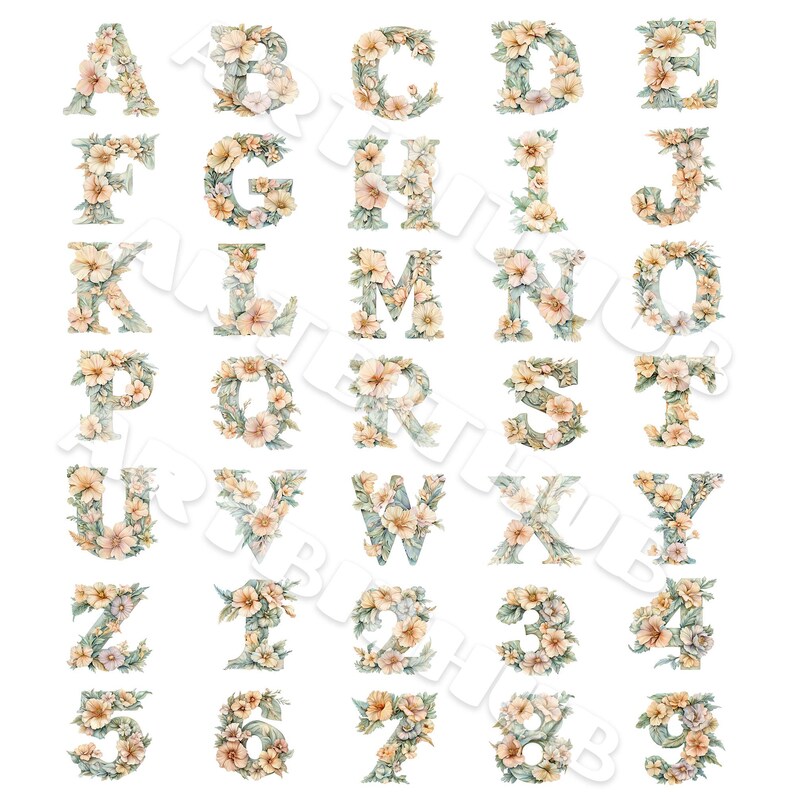 Floral Pastel Alphabet Clip Art | Letters and Numerical Digits Clipart ...
