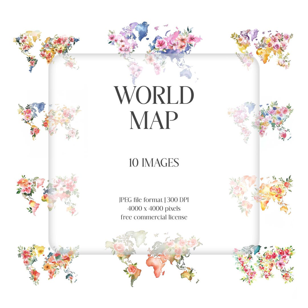 Floral World Map Watercolor Clipart | Meadow Flowers Atlas JPG Set ...