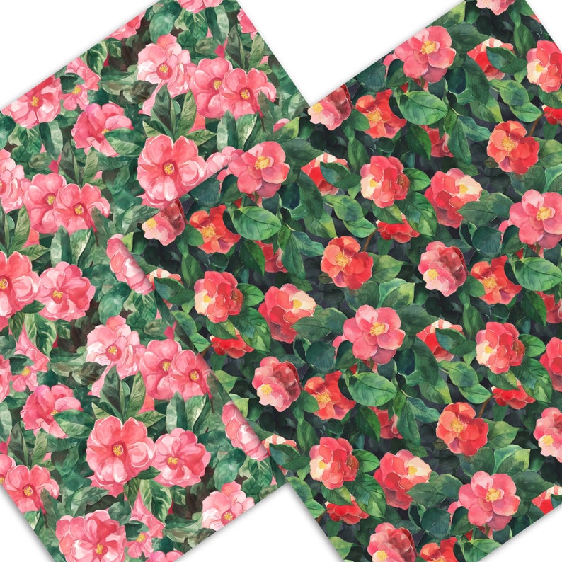 Camellia Watercolor Seamless Pattern Floral & Greenery JPG Digital ...