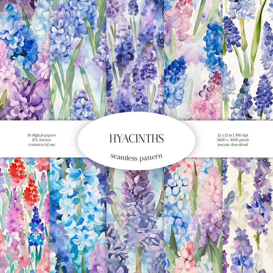 Hyacinths Watercolor Seamless Pattern | Floral & Greenery JPG Digital ...