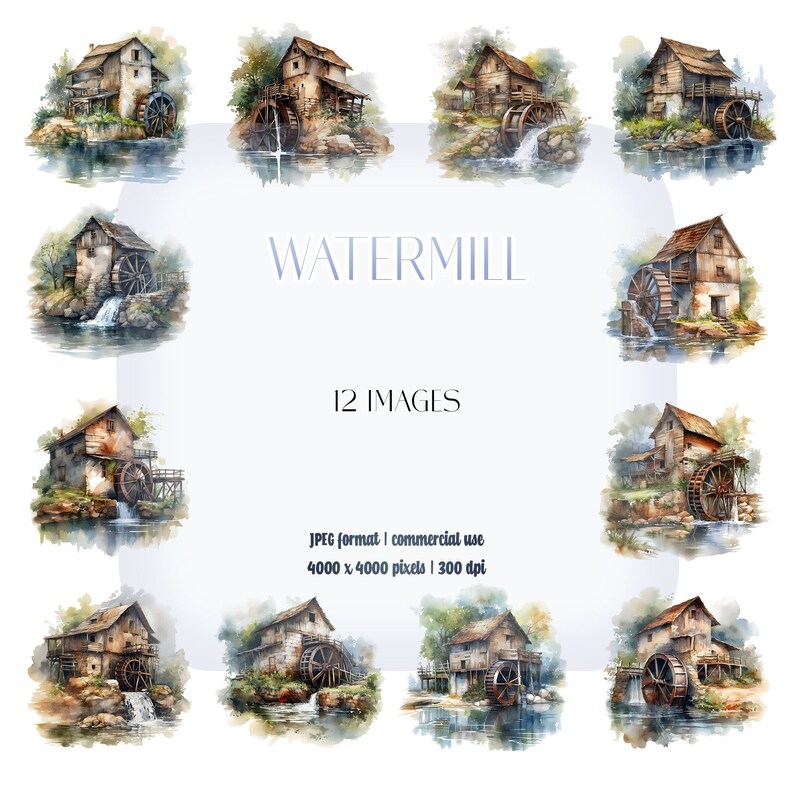 Watermill Clipart | Creek Mill Watercolor JPG Set | Stationery, Wall ...